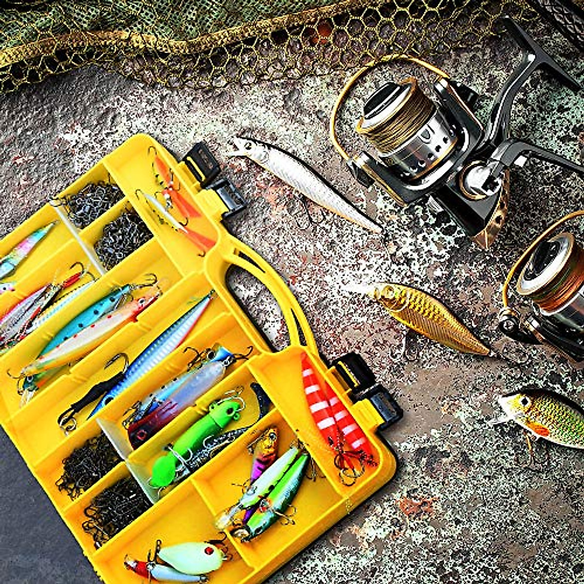 Goture Fishing Tackle Storage Hard Case 2 Sided Storage Trays Handle Portable Plastic Organizer Box 44 Compartments Sea Boat Accessory 12 8 3 Smoke Yellow