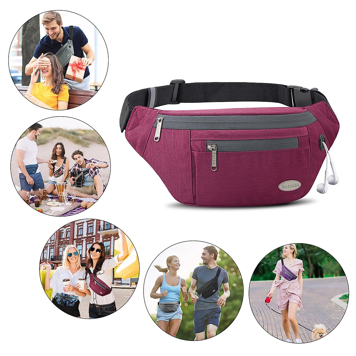 Entchin Fanny Pack for Women Men with 4-Zipper Pockets, premium fashion Waist Pack Crossbody Bum Bags for Hiking, Running, Travel, Cycling and Casual(Burgundy)