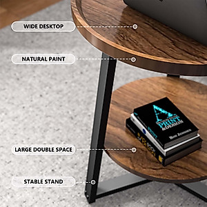 texinpress Round End Table with Storage Shelf, 2 Tier Round Side Table Nightstand for Living Room, Bedroom, Wood Tabletop and Black Metal Frame (19.7 * 19.7 * 21.7 inches)