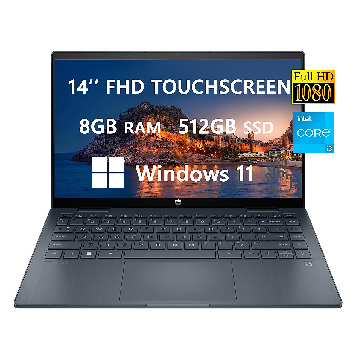 HP 2023 Pavilion 2-in-1 14" FHD Touchscreen Laptops for Student & Business, Intel 12th Gen Core i3-1215U, Up to 4.4 GHz, 8GB RAM|512GB SSD, Long Battery Life, USB-C, Windows 11, Blue, ROKC HDMI Cable