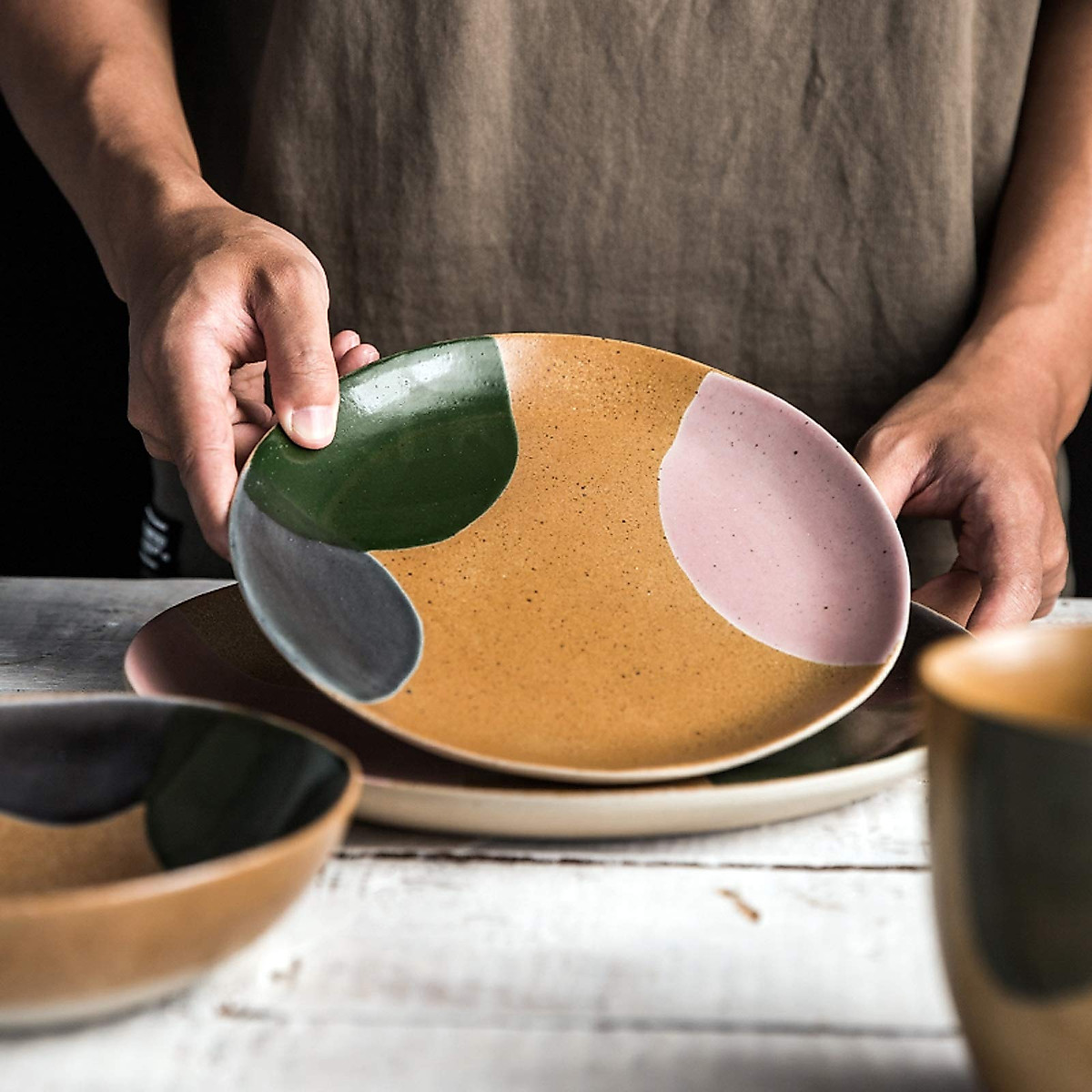 GagalU Dinner Set,Porcelain Dinnerware Sets, 18 Pieces Retro Color Stitching Ceramics Dinner Combination Set | Cereals Bowls and Steak Plates Sets with Mug for Restaurant