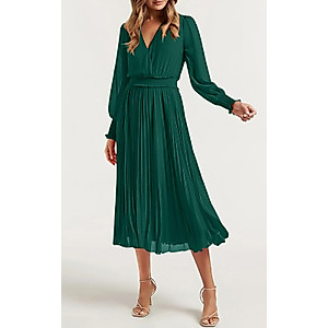 PRETTYGARDEN Women's Midi Long Puff Sleeve Spring Dresses 2024 Smocked Waist Wrap V Neck Flowy Ruffle Pleated Casual Dresses (Dark Green,Medium)