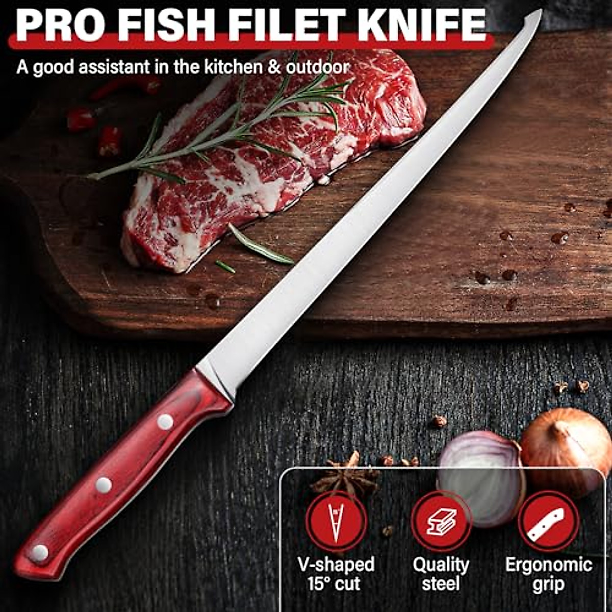 TAN REN Fillet Knife 9 inch, Professional Fish Knife for filleting, Stainless Steel Boning Knife for Meat Cutting, Fishing fillet knife with Full Tang Ergonomic Handle, Father's Day Gift