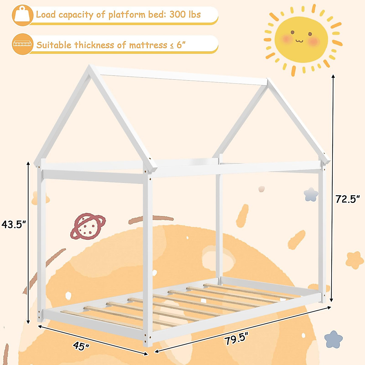 KOMFOTT Twin House Bed Frame for Kids, Solid Wood Kids Platform Floor Bed with Roof & Multiple Slats, Toddler Floor Tent Bed Frame for Girls Boys, No Box Spring Needed (White)