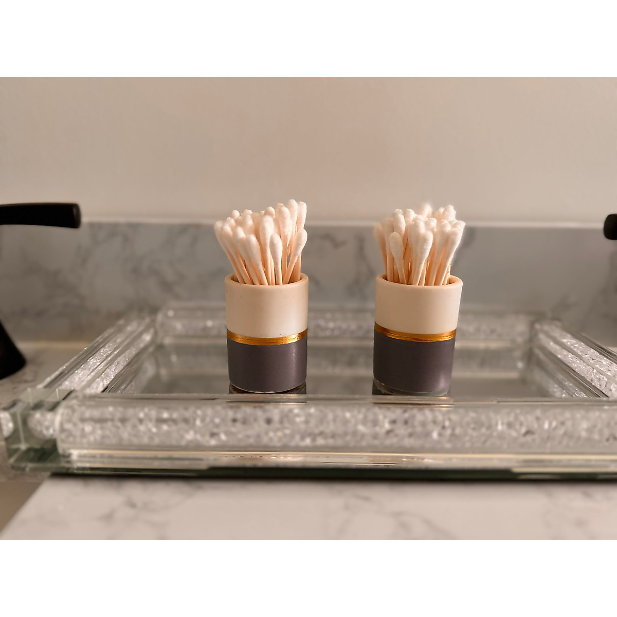 Home Haven Qtip Holder - White/Navy with Gold Stripe - Q Tip Holder for Bathroom, Bathroom Vanity Decor, Floss Pick Holder, Cotton Swab Holder, Bathroom Sink Decor, Flosser Holder, Cute Bathroom Decor