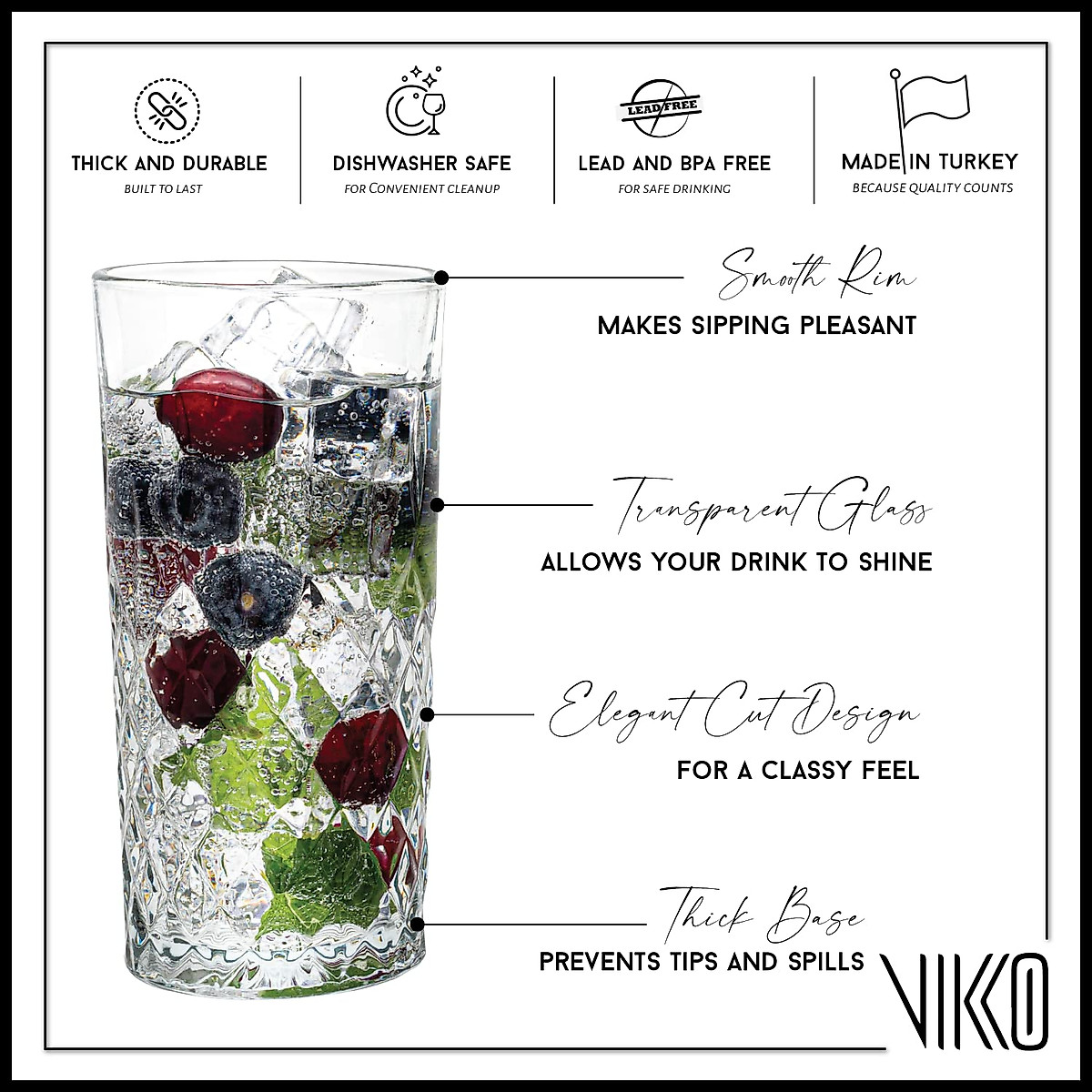 Vikko Drinking Glass, Set of 12 Tall Beverage Glasses, 12.25 Ounce Highball Glasses, Dishwasher Safe Collins Glass