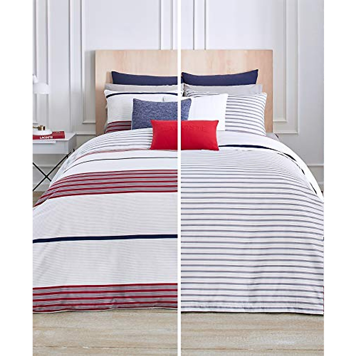 Lacoste 3-Piece Milady Cotton Duvet Cover Set, Reversible Stripes, Red, Full/Queen