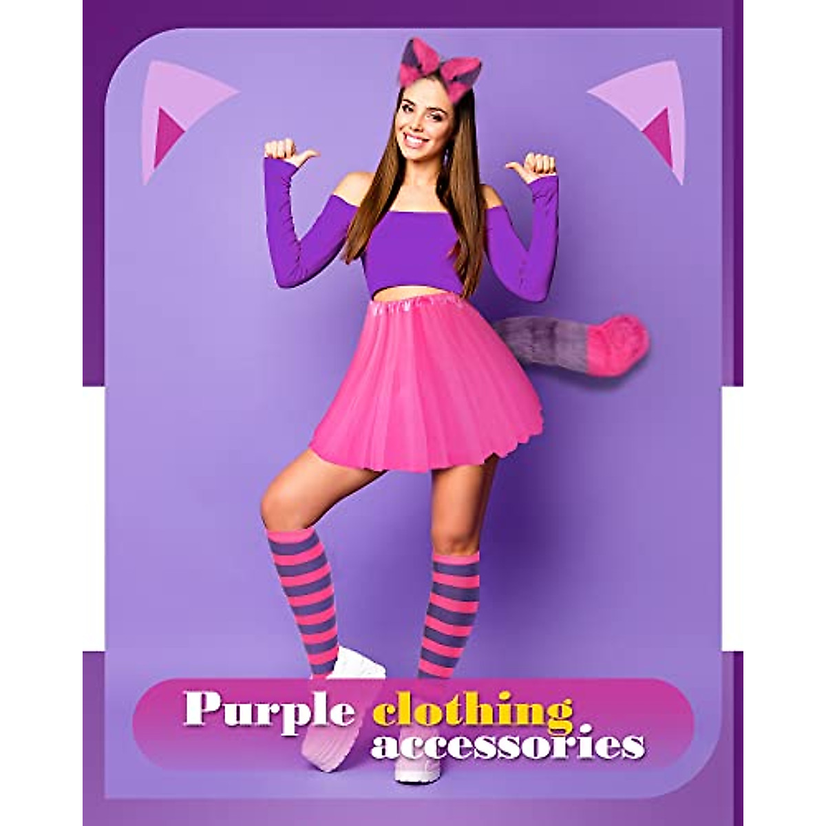 Striped Cat Costume for Girls Women, Cat Ears, Furry Tail, Striped Socks for Halloween Cosplay (Purple, Pink)