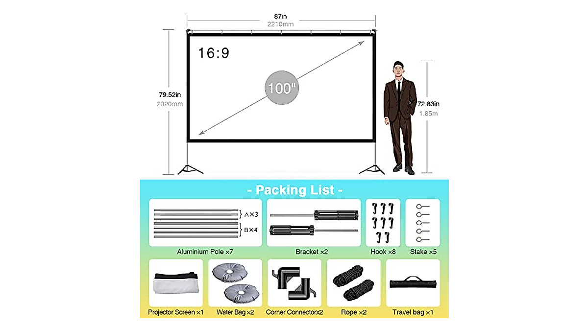 MOOKA Family 100-Inch Portable Projector Screen for Outdoor & Indoor Use