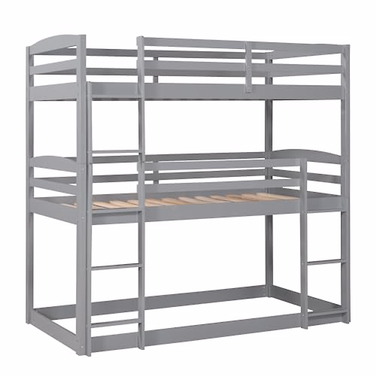 BOVZA Twin Over Twin Over Twin Bunk Bed, Wooden Triple Bunk Bed with Guardrails and Ladders, for Kids and Teens, Gray