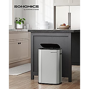 SONGMICS Motion Sensor Trash Can, 13 Gallon Automatic Garbage Can with Soft-Close Lid and Bag Retainer Ring, Stainless Steel, Touchless Kitchen Trash Bin, 15 Trash Bags Included, Silver ULTB610E50