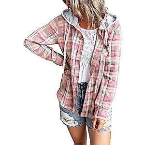 Jackets for Women 2023 Casual Long Plaid Print Shirts Long Sleeve Tops Open Front Button Down Hoodie Cardigan Lightweight Plus Size Coats Outerwear Fall Winter Clothes My Orders(B-Pink,XX-Large)