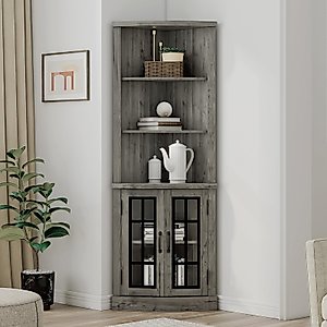 AMERLIFE Curved Corner Storage Cabinet, 65" Tall Freestanding Bookcase with Glass Doors & Adjustable Shelves, 5-Tier Corner Display Cabinet for Living Room, Bathroom, Laundry Room, Washed grey