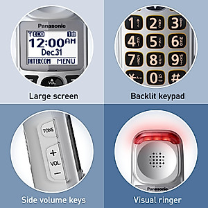 Panasonic Amplified Cordless Phone with Slow Talk, 50dB Volume Boost, 112dB Lound Visual Ringer, Hearing Aid Compatibility, Large Screen and Backlit Keypad - KX-TGM450S - 1 Handset (Silver)