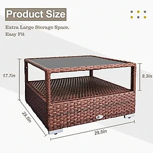 DIMAR GARDEN Outdoor Coffee Table Wicker Patio Rattan Side Table with Glass Top and Storage Shelf,29.5in Mixed Brown
