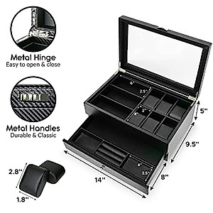 HAUTEROW Watch Box Organizer For Men Jewelry Box, Watch Case Sunglass Organizer Valet Tray Mens Jewelry Organizer Holds 6 Watches 3 Sunglasses