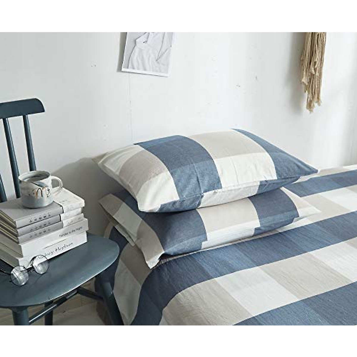 HYPREST Queen Duvet Cover - 100% Cotton Duvet Cover Queen Blue Buffalo Plaid Soft Breathable Farmhouse Style