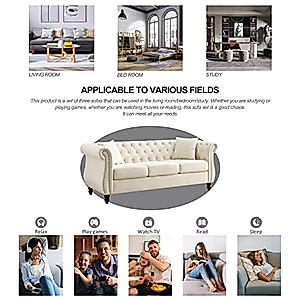 Imseigo Accent Sofa,3 Seater Chesterfield Beige Velvet Sofa, 80" Sofa Tufted Vintage Couch with Rolled Arms and Nailhead for Living Room, Bedroom, Apartment, Two Pillows (Velvet, Beige)