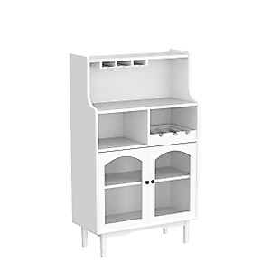 Loscear Liquor Bar Cabinet with Lower Glass Door and Removable Wine and Glass Rack, Liquor Cabinet Bar for Home with Solid Wood Legs