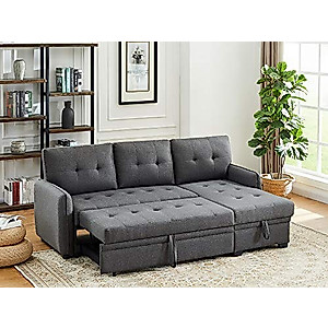 INFINI FURNISHINGS Reversible Storage Chaise Lounge 84" Wide Sectional Sofa with Pull Out Sleeper Bed, Dark Gray