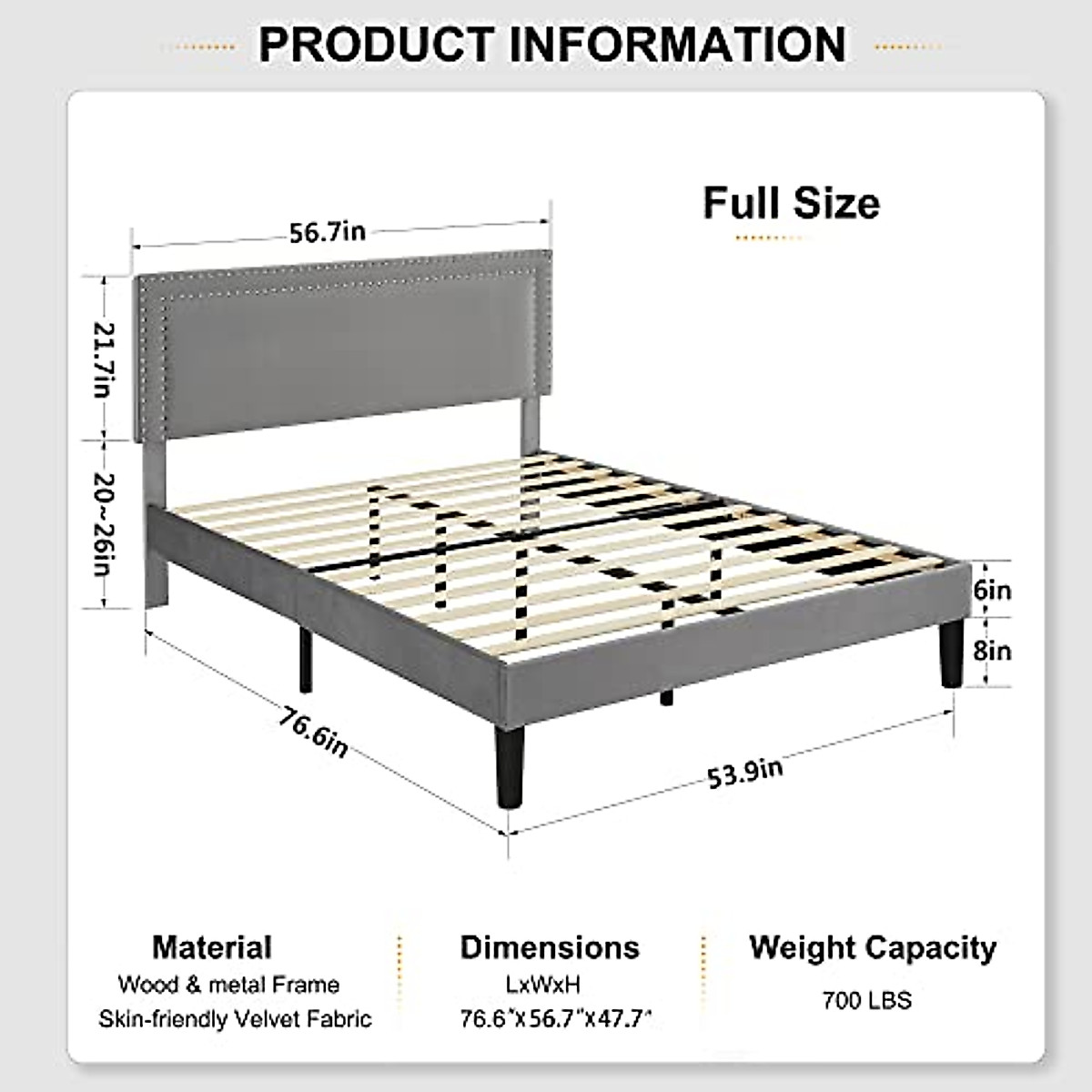 VECELO Full Size Platform Bed Frame with Height Adjustable Upholstered Headboard, Modern Mattress Foundation,Strong Wood Slat Support, No Box Spring Needed, Easy Assembly
