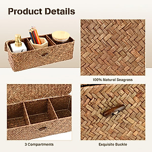 Lnrueg 2 PCS Woven Basket with Lid Seagrass Tank Toilet Roll Storage Narrow Thin Basket with 3 Sections Rectangular for Organizing 12.6L x 4.7W x 4.1H Inch