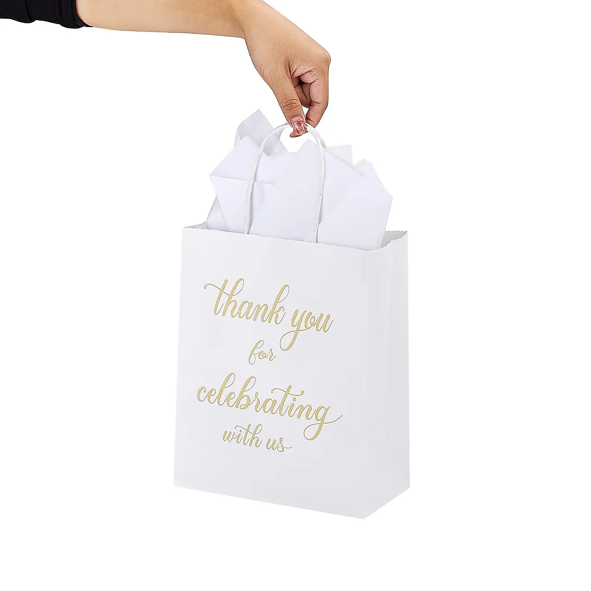 DjinnGlory 50 Pack Medium Sized White Paper Gift Bags with Tissue Paper 10x8x4 Inch, Thank You for Celebrating with Us Bags with Handles for Wedding Welcome Bridal Shower Party Favors Goodies