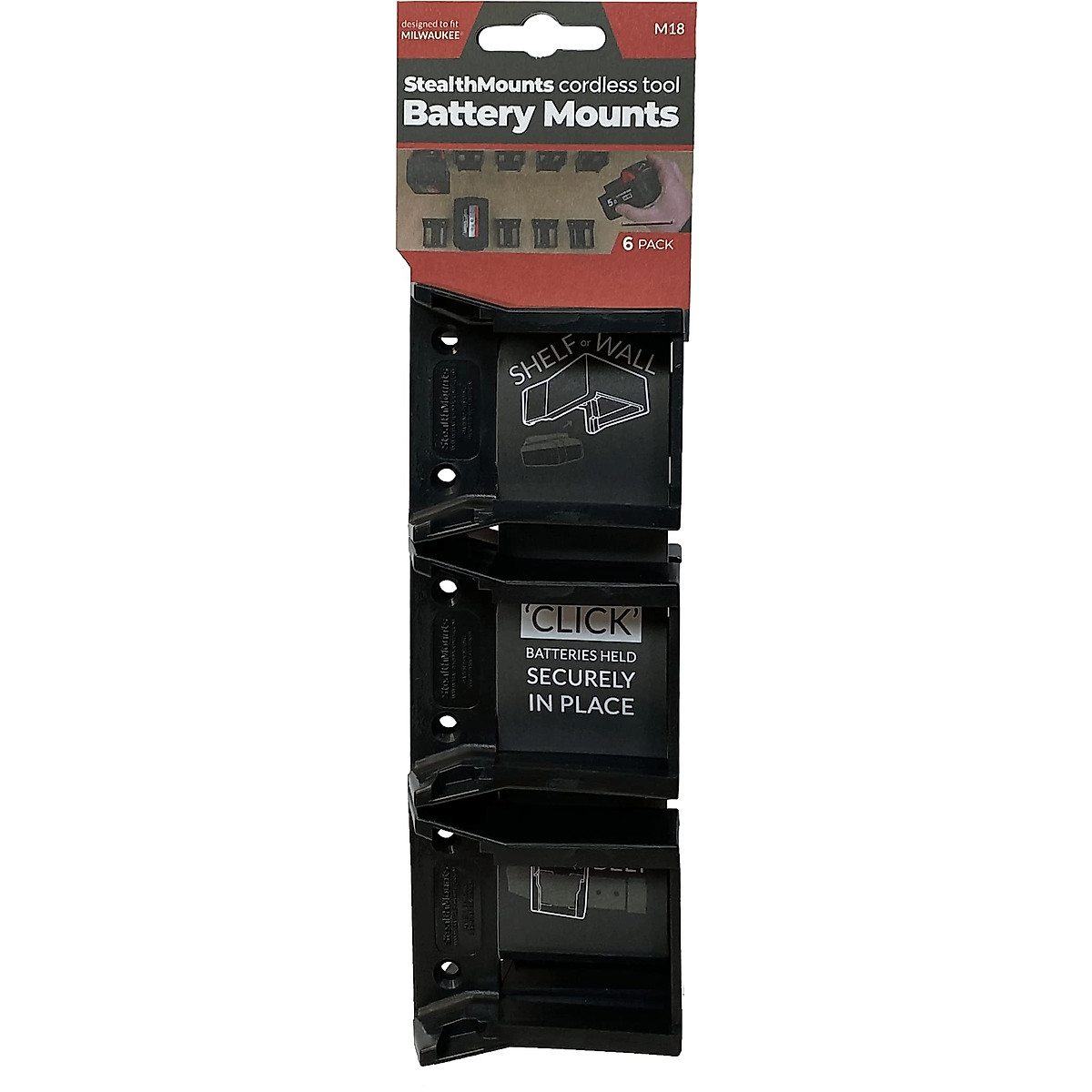 StealthMounts M18 Milwaukee Battery Holder - 6 Pack | Milwaukee M18 Battery Holder | 18V Milwaukee Battery Storage | Milwaukee Battery Mount | Milwaukee Organizer for M18 Batteries | Made in the UK
