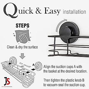 JS Jackson Supplies Set of Matte Black Suction Cup Rectangular Shower Shelves, (2) Caddies and (2) Suction Cup Shower Hooks