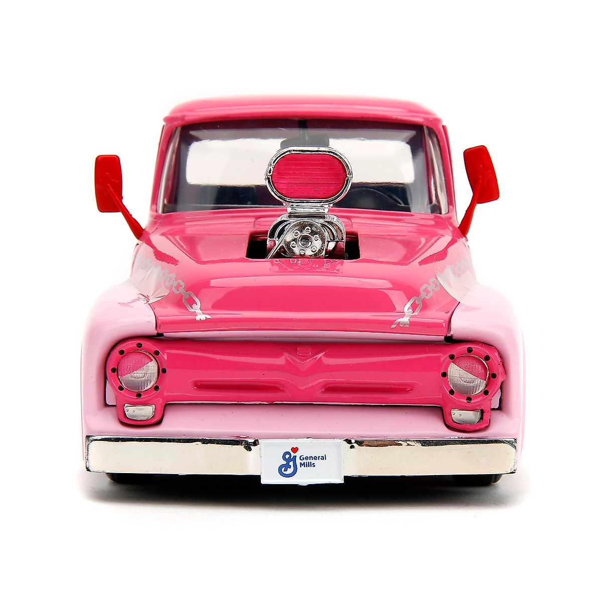 1956 F-100 Pickup Truck Pink with Graphics and Franken Berry Diecast Figure Franken Berry Hollywood Rides Series 1/24 Diecast Model Car by Jada 32025
