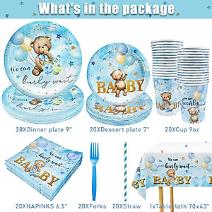 We Can Bearly Wait Baby Shower Decorations,Teddy Bear Baby Shower Decorations for Boy with Backdrop and Plates, Napkins and Cups,Mommy To Be Sash