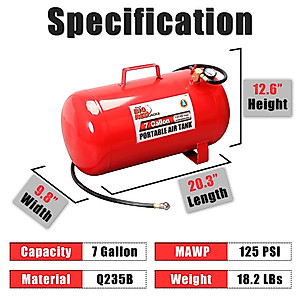 BIG RED T88007-1 Torin Horizontal Portable Air Storage Tank with 36 "Hose and Pressure Gauge, Capacity 7 Gallons, Red