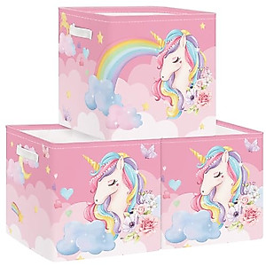 Clastyle 3 Pcs Unicorn Cloud Kid Storage Cube Organizer Set Rainbow Closet Clothes Cube Storage Bin Pink Nursery Toddler Toy Box Chest Flower Book Shelf Basket