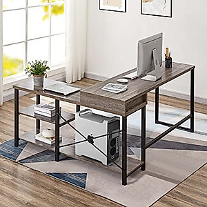 BON AUGURE Industrial L Shaped Computer Desk with Shelves, Rustic Wood Home Office Desks, Reversible Corner Desk with Storage (59 Inch, Dark Grey Oak)