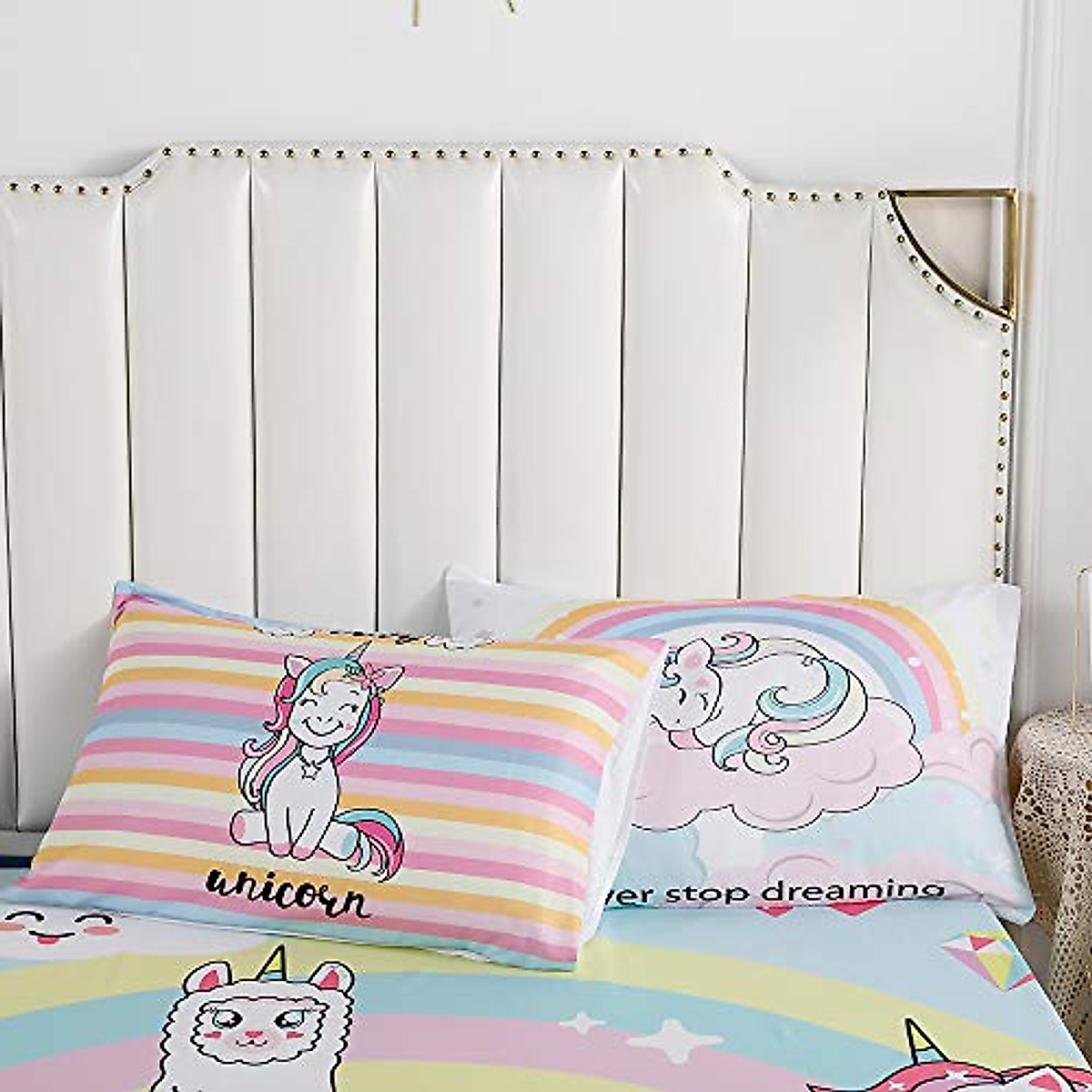 Roscloud Girls Unicorn Bed Sheets Sets Full Size - 3PC Memaind Rainbow Kids Fitted Sheet（Fitted Sheet x 1 Pillowcases x 2）