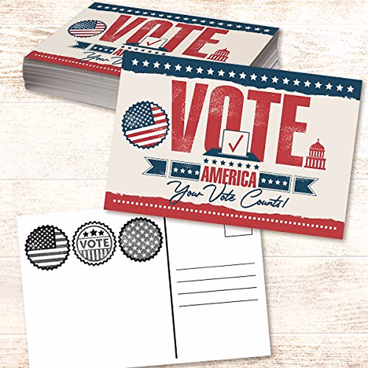 Vote Postcards Bulk - Your Vote Counts - Set of 100 - 4x6 Standard Size - US Flag Post Card Political Activism, Great Election Supplies, Fun and Eye-Catching Design Postcards for Family and Friends