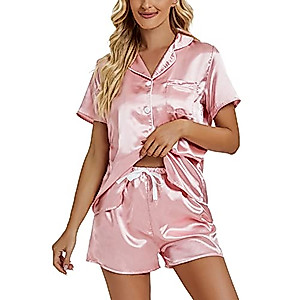 Vrtige Women's Satin Pajamas Set Short Sleeve Button Down Shirt With Shorts PJs Set Loungewear Baby Pink Medium