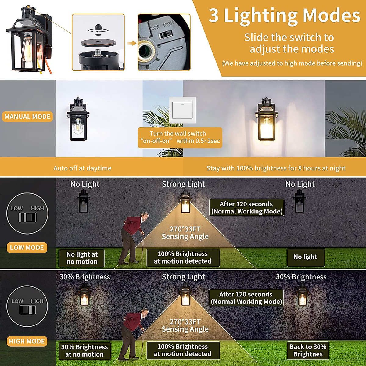 Porch Lights with GFCI Outlet, Dusk to Dawn Motion Sensor Outdoor Lights, 3 Lighting Modes Exterior Light Fixture, Outside Lights for House Front Door Patio Garage