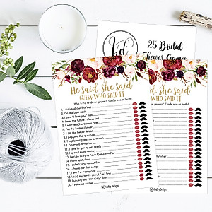 Hadley Designs 25 Floral Wedding Bridal Shower Engagement Bachelorette Anniversary Party Game Ideas, Gold He Said She Said Cards, Funny Co Ed Trivia Rehearsal Dinner Guessing Question Supplies