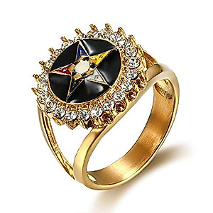 Nattaphol 316L Stainless Steel Gold OES Masonic Women Rings with Clear Crystal Color Enamel Order of Eastern Star Freemason Rings (7)