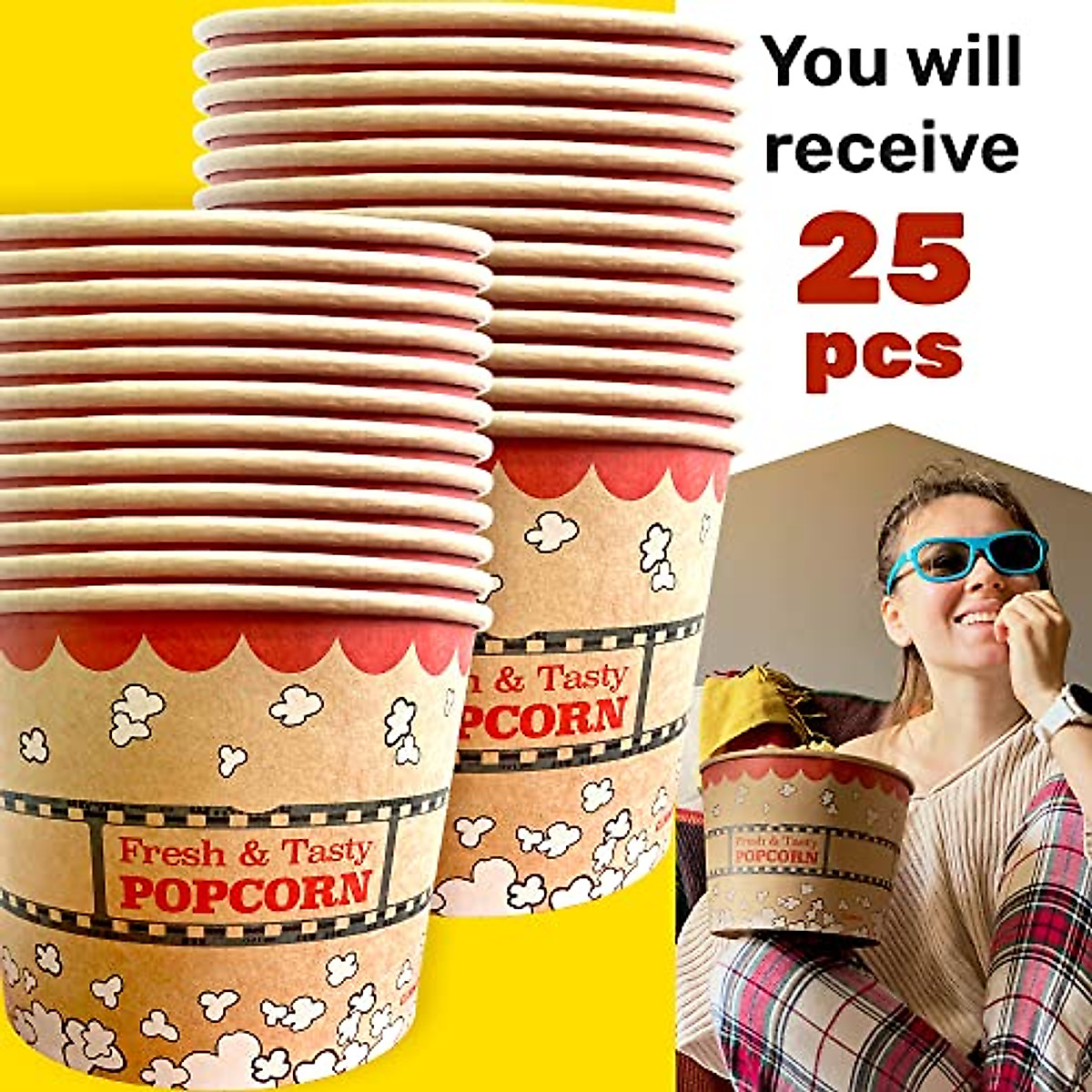 CUSINIUM [85 oz] 25-pack Kraft Popcorn Buckets - Large Popcorn Tubs