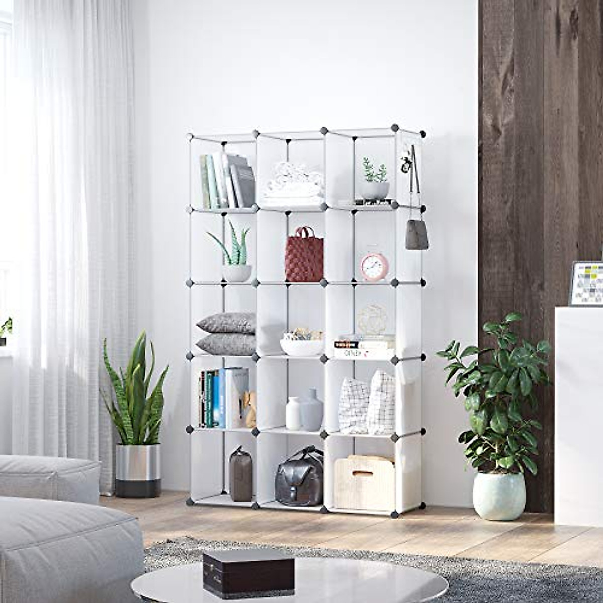 C&AHOME Cube Storage Organizer, 16-Cube Shelves Units, Closet Cabinet, DIY Plastic Modular Book Shelf, Ideal for Bedroom, Living Room, Office, 48.4" L × 12.4" W × 48.4" H Transparent White