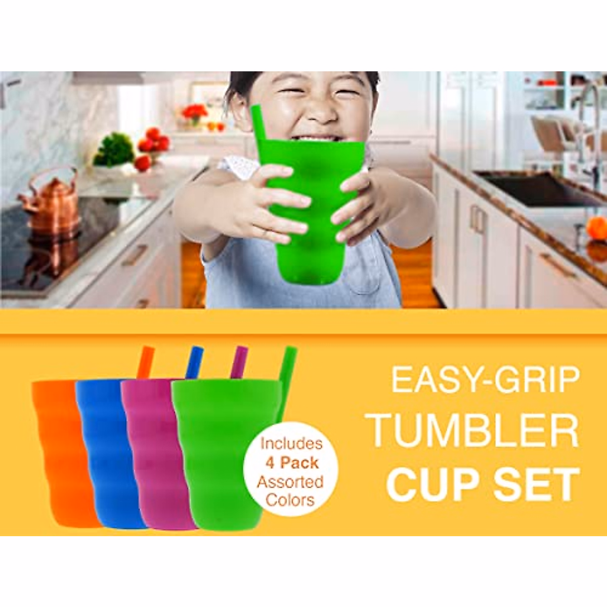 Arrow Home Products Sip A Cup with Built in Straw, 10oz, 4pk - BPA-free Straw Cups for Kids Great for Everyday Use - Made in the USA, Stackable Kids Straw Cups - Purple, Blue, Green, Orange