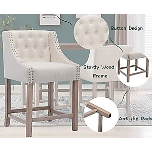 CIMOTA Counter Height Bar Stools Set of 2 Tufted Farmhouse Bar Chairs with Back Upholstered Mid Century Barstools with Wood Legs Kitchen Island Counter Stools for Home Bar, 25 Inch/Linen Beige