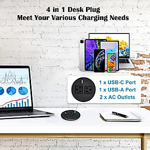 Desk Power Grommet, Haylink Desk Hole Grommet with USB-C, 3.15 Inch(80mm) 2 Plugs Recessed Power Outlet Connect 6.56ft Extension Cord, Black