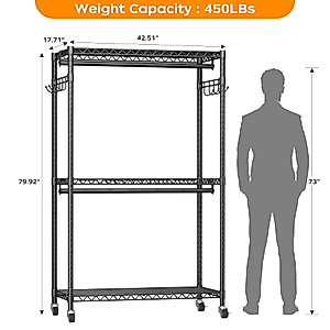 Heavy Duty Rolling Garment Rack with Adjustable Wire Shelving, 3 Tiers Clothes Rack with Double Rods and Side Hooks, Freestanding Wardrobe Storage Rack Metal Clothing Rack, Black