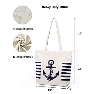 LANGCYGO Nautical Theme Anchor Cotton Canvas Tote Bag with an Inner Pocket, Top Zipper Closure Reusable Grocery Bags For Women,School Shopping,Beach Grocery (Anchor L)