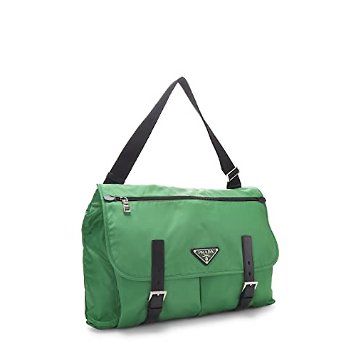 Prada, Pre-Loved Green Tessuto Double Buckle Messenger Large, Green