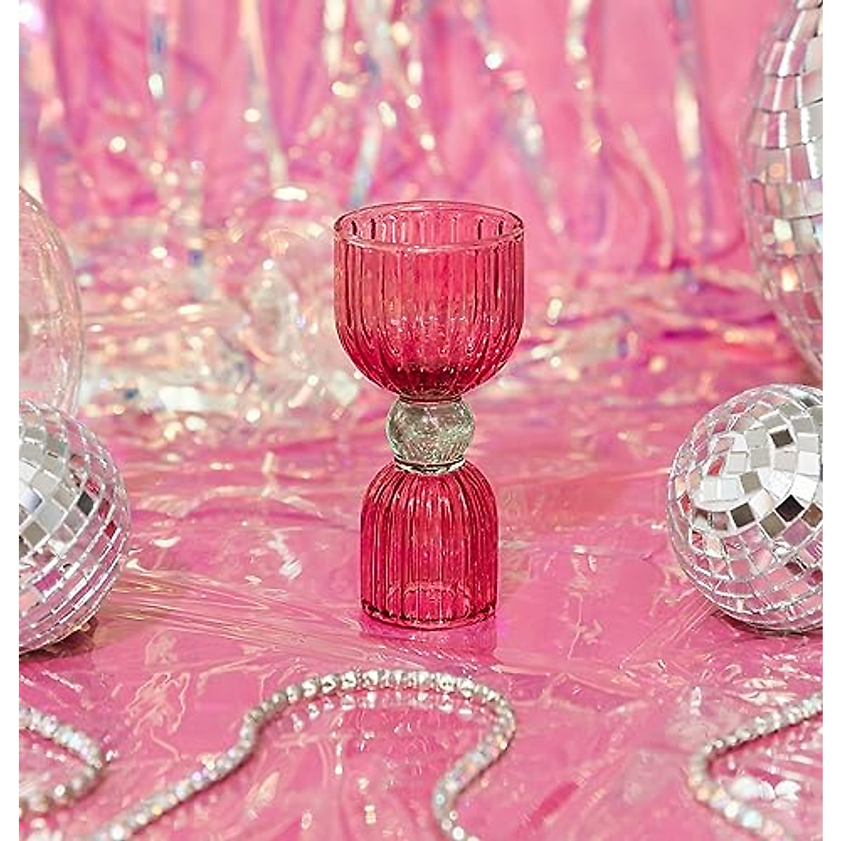 ban.do Cocktail Measuring Jigger, Double Jigger Shot Glass, 1/2 and 1 Shot Measuring Cup, Pink Glass Bar Tool, Tipsy Turvy