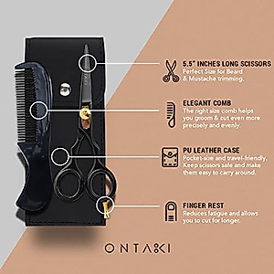 ONTAKI 3 Scissors pack - 1 Japanese Steel Beard & Mustache Scissors With Comb - 2 Facial Grooming Nose Hair Scissors - 1 Curved Blade Tip & 1 Safety Blunt Rounded Tip
